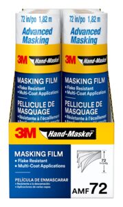 3m hand masker advanced masking film, 8 rolls, 72 in x 90 ft, static cling keeps film in place, prevents liquids from bleeding through, flake resistant, for indoors & outdoors use (amf72-8c)