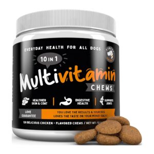 dog multivitamin chewable treats - pet vitamins and supplement, 10-in-1 multivitamin for dogs, supports joints, hip, bowel, muscle health, with glucosamine and omega fish oil (120 chews)