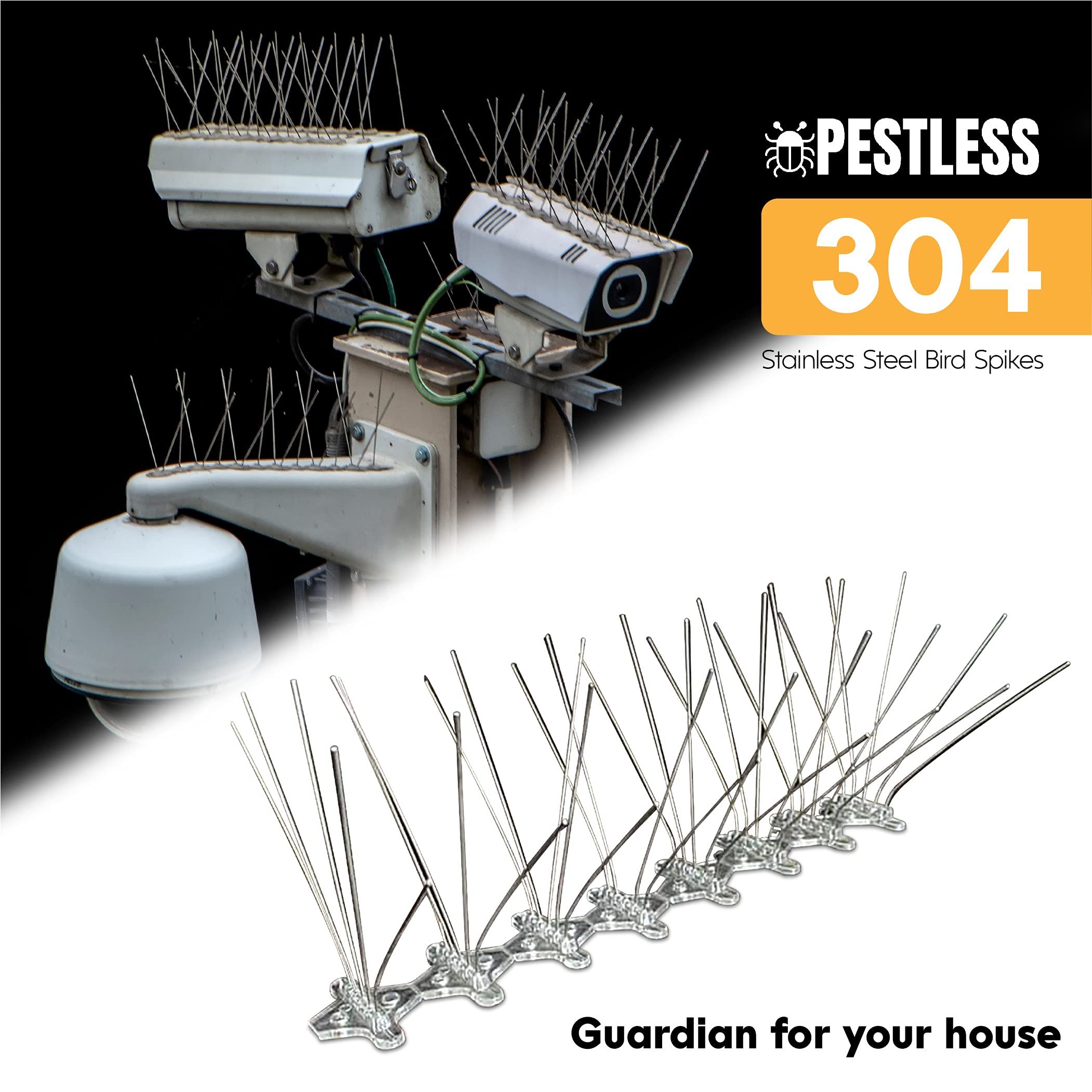 Pestless Upgraded Bird Spikes 10 Pack - 12-Inch Deterrent, 5 Spikes, Wide Coverage, Adjustable Strip Length - Stainless Steel Repeller Against Pigeons, Squirrels, Animals - Easy Mounting