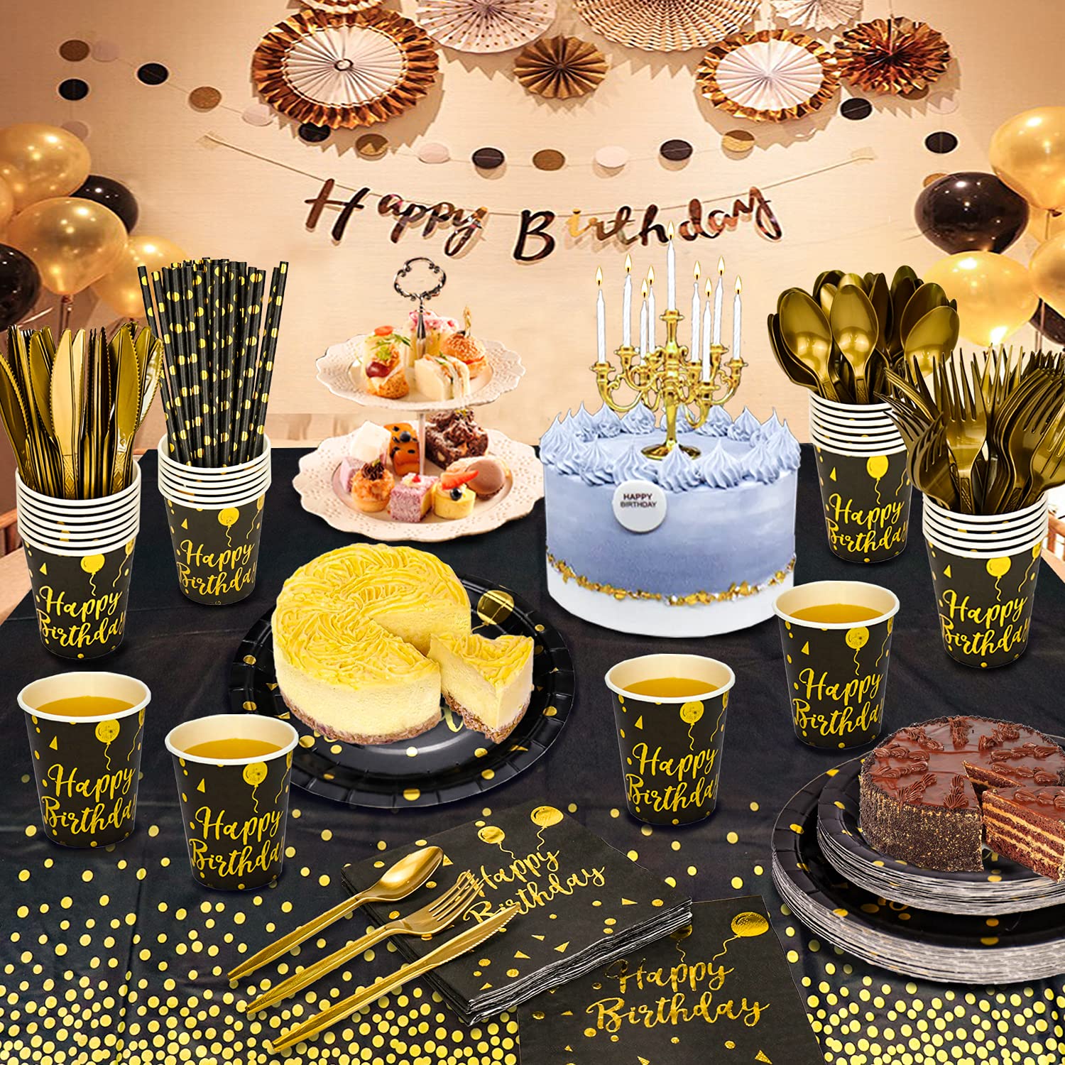 TabreMstr 201 Pieces Gold Disposable Party Dinnerware Set &Golden Dot Birthday Black Paper Plates Napkins Cups, Gold Plastic Forks Knives Spoons (25 Guests)