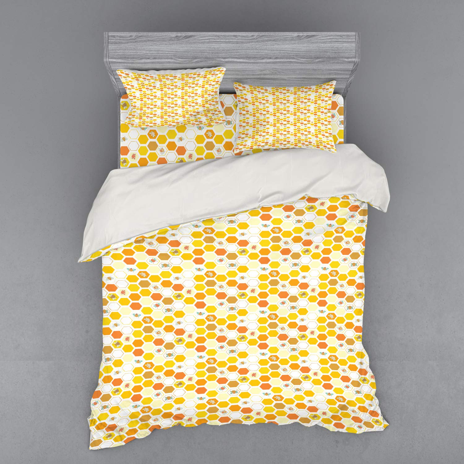 Lunarable Mid Century Modern Bedding Set, Hexagonal Sections Pattern with Hive and Bees in Warm Tones, 4 Piece Duvet Cover Set with Shams and Fitted Sheet, California King, Earth Yellow Multicolor