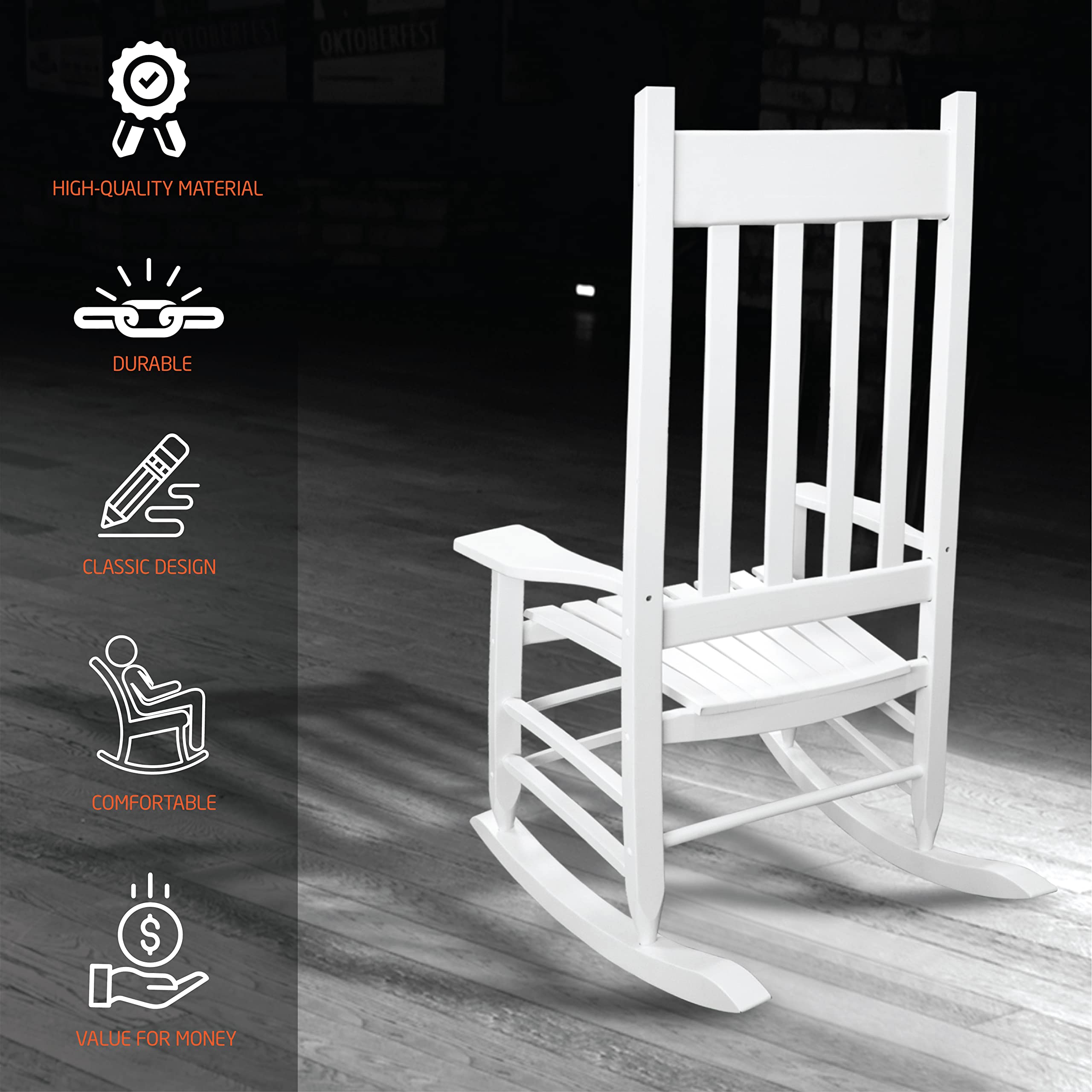 HOMESTEAD Wooden Rocking Chair Outdoor Furniture - Acacia Solid Wood White Rocking Chair Front Porch Furniture - FSC Certified Hardwood Indoor & Outdoor Adirondack Rocking Patio Rocker Porch Chairs