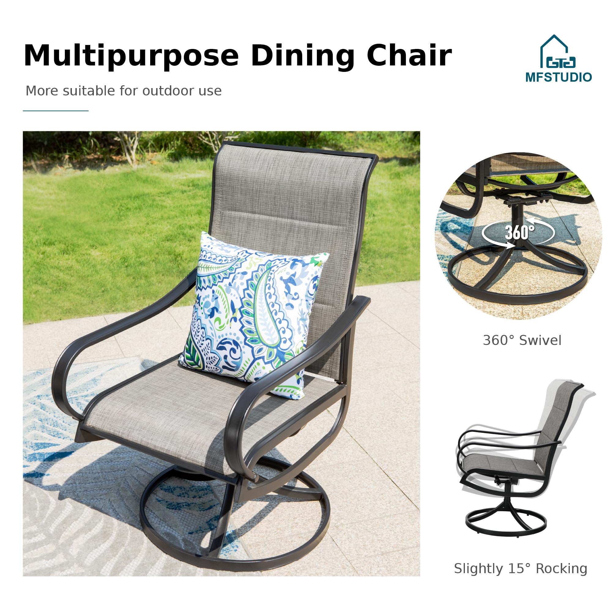 MFSTUDIO 7-Piece Metal Outdoor Patio Dining Furniture Set with 6 Padded Sling Swivel Chairs and 1 Expandable Outdoor Dining Rectangle Table