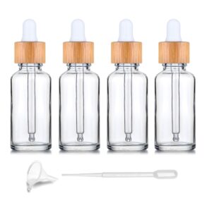 4 pack,clear glass dropper bottle for essential oils,empty liquid perfume bottles with pure glass pipettes,bamboo lid cosmetic travel sample container vials-pipette&funnel included (30ml/1 ounce)