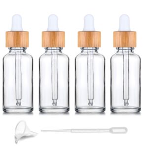 4 Pack,Clear Glass Dropper Bottle for Essential Oils,Empty Liquid Perfume Bottles With Pure Glass Pipettes,Bamboo Lid Cosmetic Travel Sample Container Vials-Pipette&Funnel included (30ml/1 Ounce)