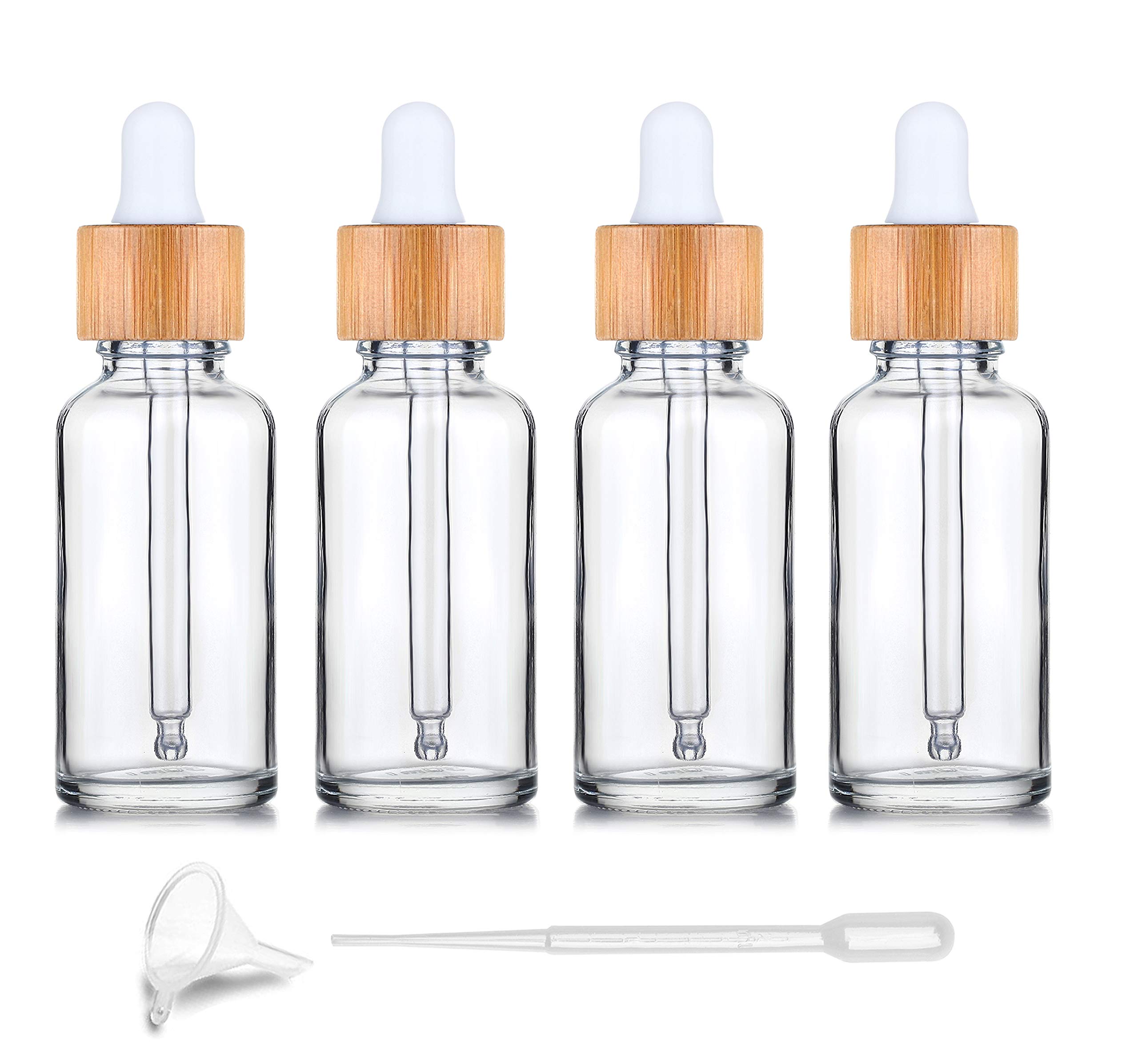 4 Pack,Clear Glass Dropper Bottle for Essential Oils,Empty Liquid Perfume Bottles With Pure Glass Pipettes,Bamboo Lid Cosmetic Travel Sample Container Vials-Pipette&Funnel included (30ml/1 Ounce)