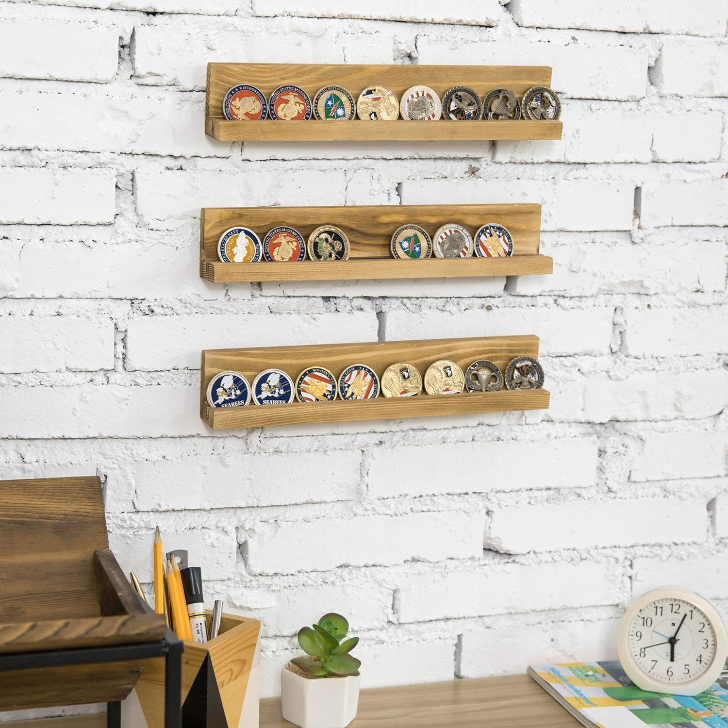 MyGift Rustic Brown Burnt Wood Challenge Coin Holder and Casino Chip Display Wall Shelf Rack, Set of 3