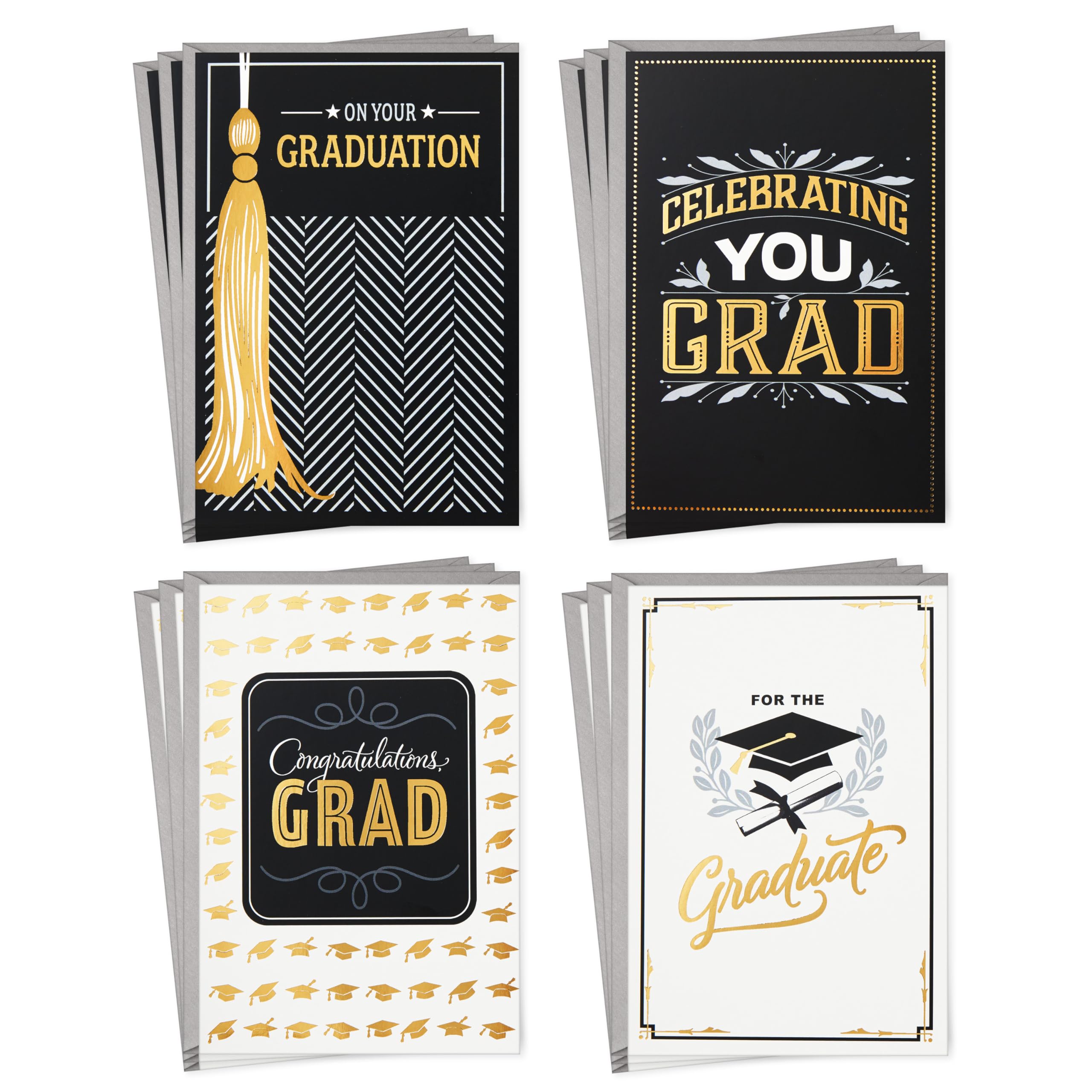 Hallmark Graduation Cards Assortment, Black and Gold, Congratulations Grad (12 Cards and Envelopes, 4 Designs)