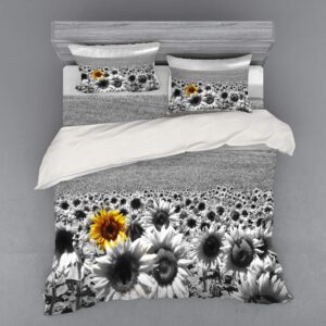 lunarable modern duvet cover set, sunflower field black and white a single yellow flower spring landscape individuality, 4 piece bedding set with shams and fitted sheet, king size, grey