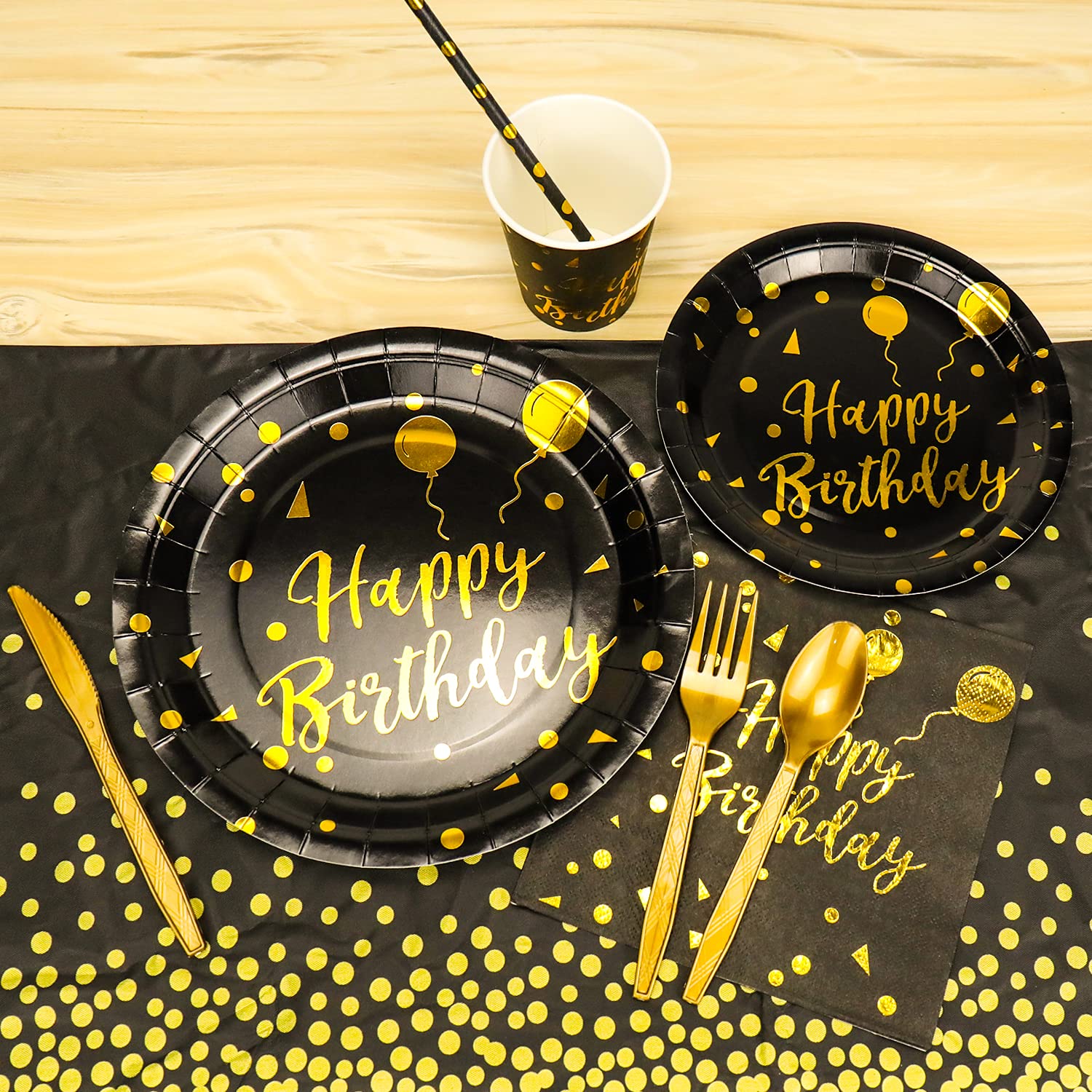 TabreMstr 201 Pieces Gold Disposable Party Dinnerware Set &Golden Dot Birthday Black Paper Plates Napkins Cups, Gold Plastic Forks Knives Spoons (25 Guests)