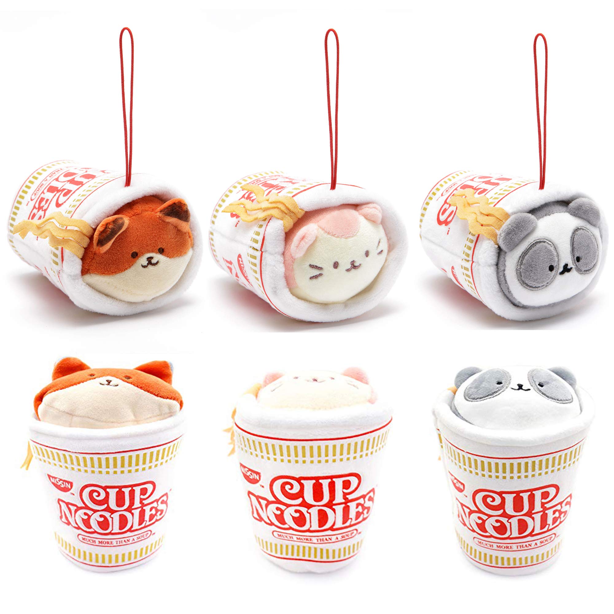 Anirollz Stuffed Animal Plush Keychain - Official Nissin Cup Noodle Ornament Charm Toy Doll | Soft, Squishy, Warm, Cute, Comfort, Safe | Birthday Gift Pillow with Kitty, Fox, Panda 3" Set of 3