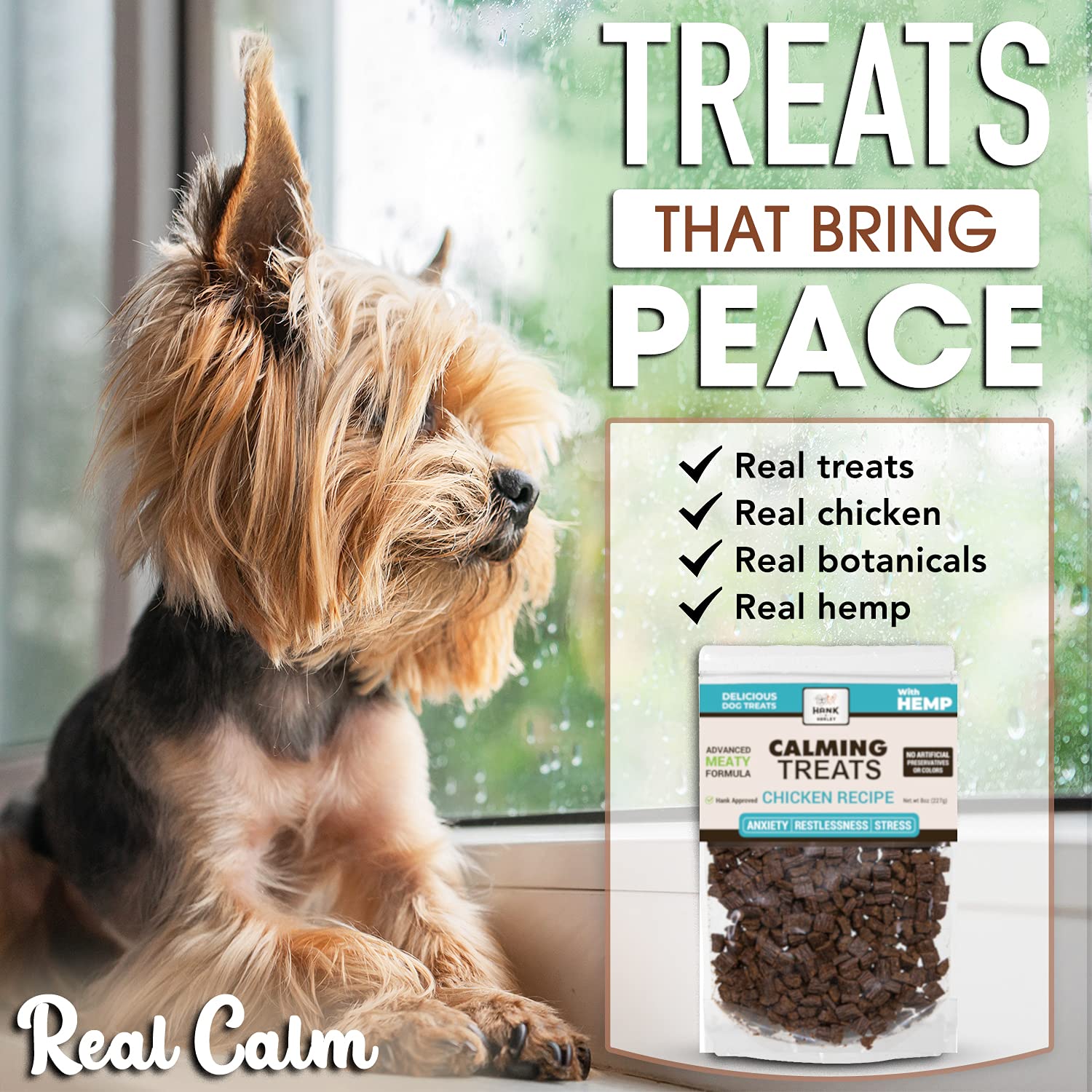 Hank & Harley Dog Calming Treats: with Real Chicken, Hemp and Soothing botanicals. 8oz, Approx 260 Pieces. Soft Chews Help Anxiety, Stress, Aggression, Barking and Fear of Thunderstorms and Fireworks