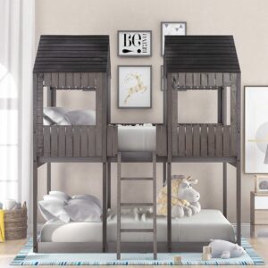 meritline house bunk beds full over full size wood low bunk beds with roof and guard rail for kids, teens, girls, boys, no box spring needed (antique gray)