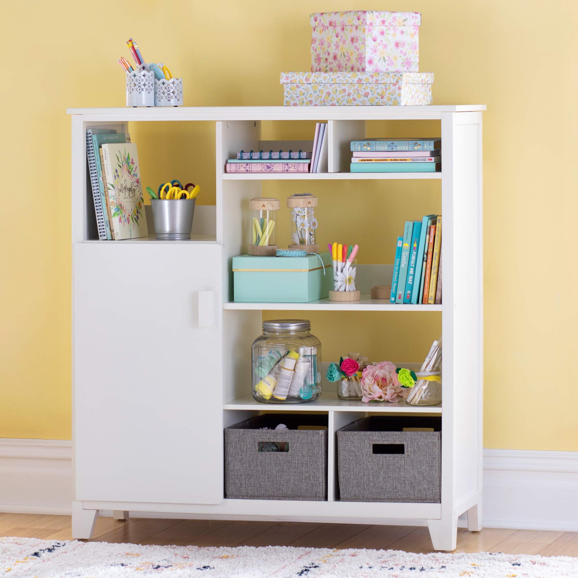 Martha Stewart Kids' Media System - Creamy White: 43 Inch Wooden Cubby Storage Organizer Bookcase with Fabric Bins for Bedroom and Playroom