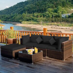 tangkula 5 piece patio rattan furniture set, outdoor sectional rattan sofa set with back & seat cushions, wicker conversation set with tempered glass table for backyard porch poolside (black)