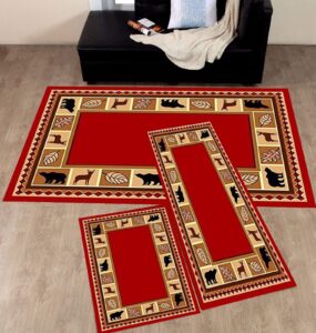 furnish my place 631 red 3 pcs wildlife bear rustic moose decor lodge cabin area rug, elegant and durable mat, red