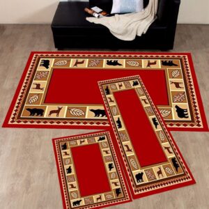 Furnish my Place 631 Red 3 PCS Wildlife Bear Rustic Moose Decor Lodge Cabin Area Rug, Elegant and Durable Mat, Red