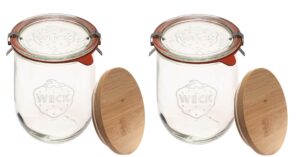 weck jars - 33.8 fl. oz weck tulip jars 1 liter - sour dough starter jars - large glass jars for sourdough suitable for canning and storage - (2 jars, glass lids & wooden lids)