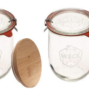 Weck Jars - 33.8 fl. oz Weck Tulip Jars 1 Liter - Sour Dough Starter Jars - Large Glass Jars for Sourdough Suitable for Canning and Storage - (2 Jars, Glass Lids & Wooden Lids)