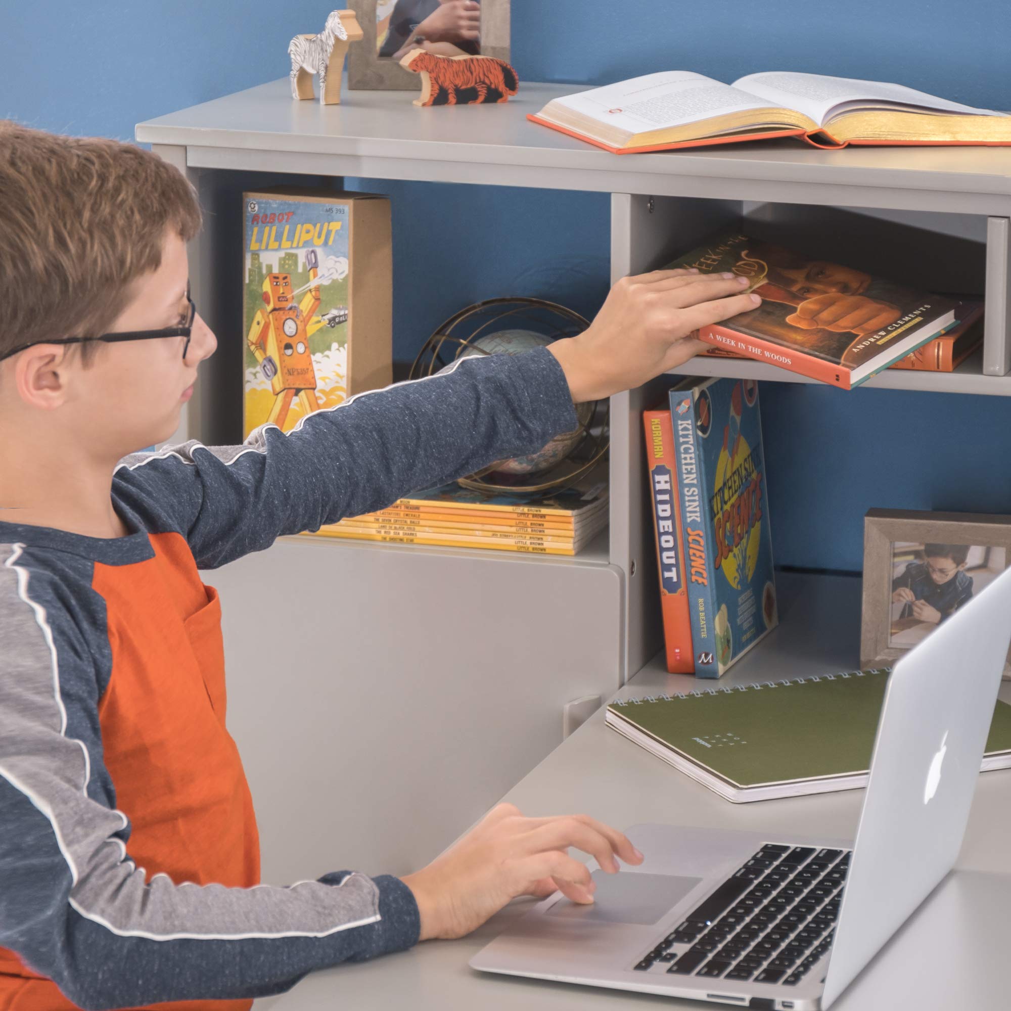 Martha Stewart Kids' Media System with Desk Extension and Chair (Gray) – Wooden Cubby Storage Organizer and Computer Study Table for Home School