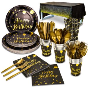 tabremstr 201 pieces gold disposable party dinnerware set &golden dot birthday black paper plates napkins cups, gold plastic forks knives spoons (25 guests)