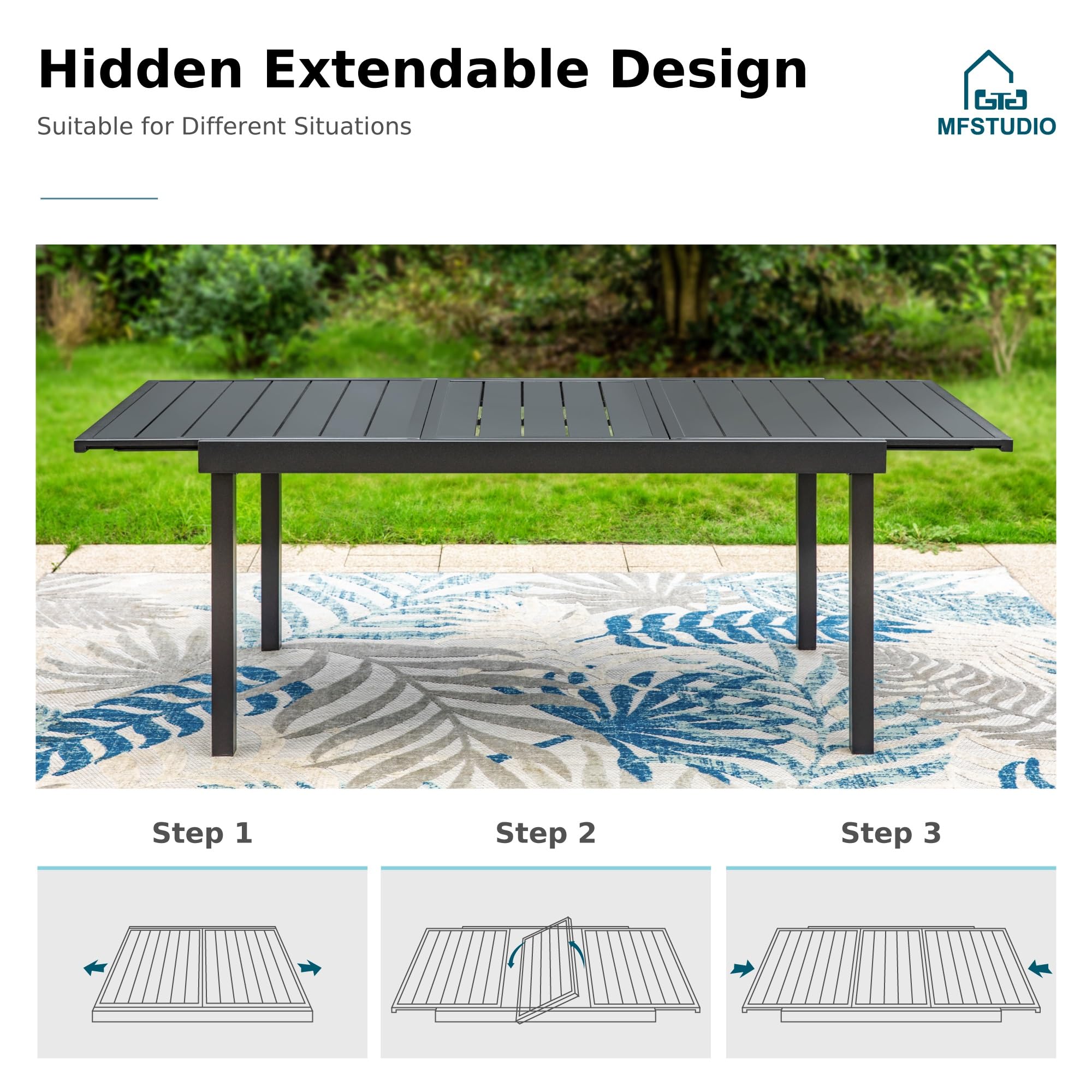 MFSTUDIO 7-Piece Metal Outdoor Patio Dining Furniture Set with 6 Padded Sling Swivel Chairs and 1 Expandable Outdoor Dining Rectangle Table