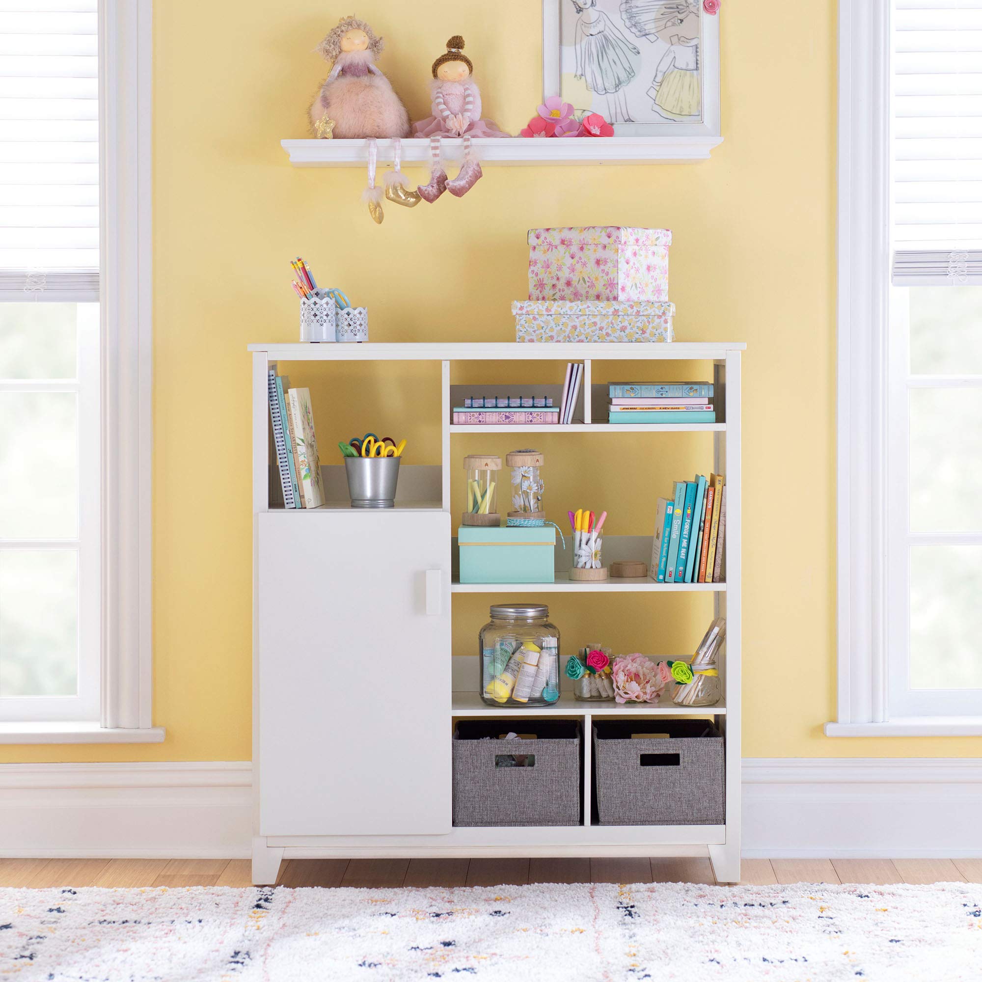 Martha Stewart Kids' Media System - Creamy White: 43 Inch Wooden Cubby Storage Organizer Bookcase with Fabric Bins for Bedroom and Playroom