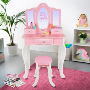 green series kinderplay | kids vanity - little girls vanity set with mirror and stool | vanity for girls | kids vanity set with mirror age 4-9 | vanity kids makeup | pink gs3300