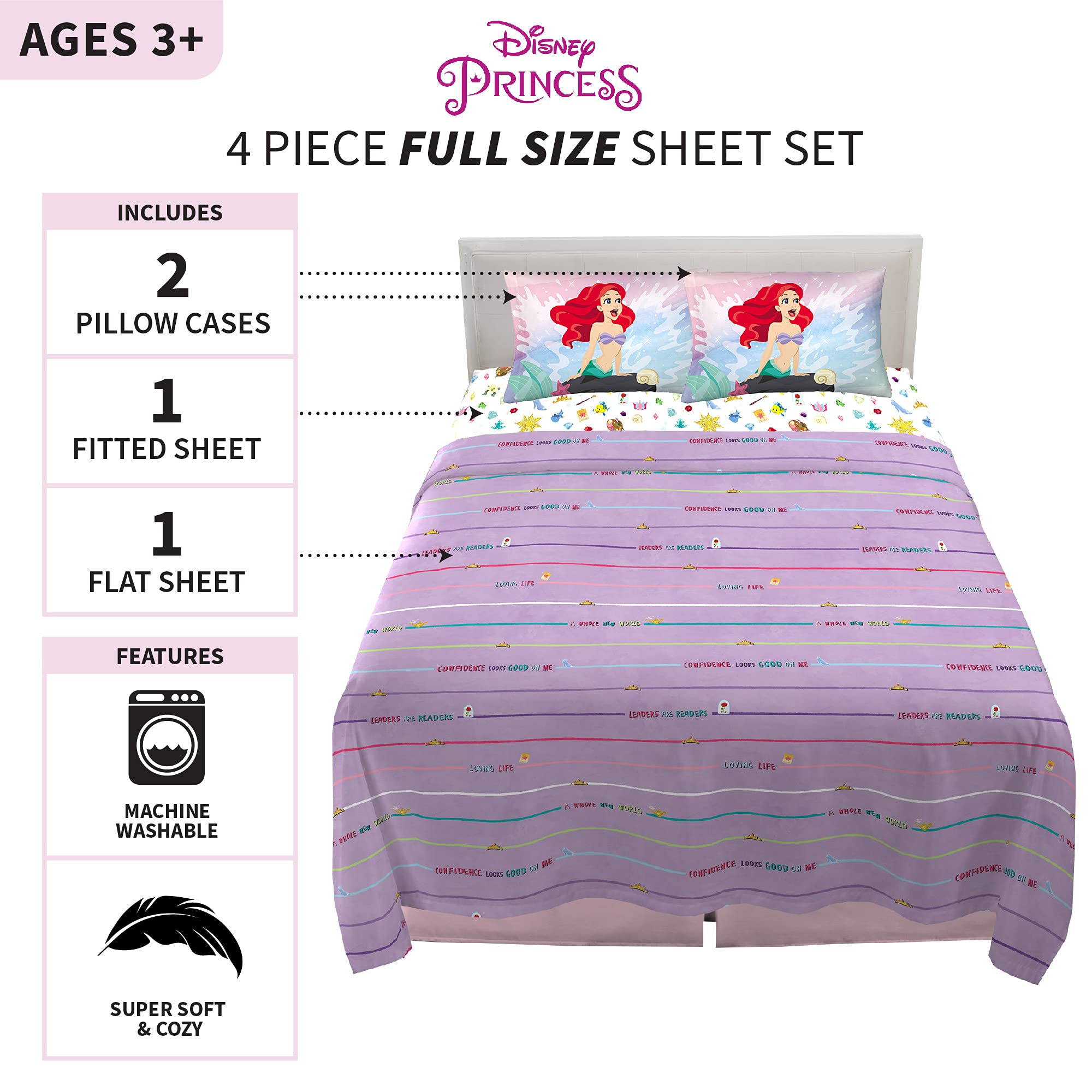 Disney Princess Kids Bedding Super Soft Microfiber Sheet Set, Full, "Official" Disney Product By Franco