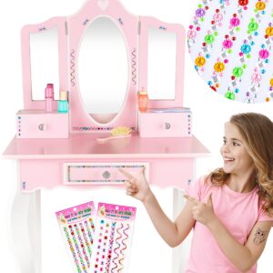 Green series Kinderplay | Kids Vanity - Little Girls Vanity Set with Mirror and Stool | Vanity for Girls | Kids Vanity Set with Mirror Age 4-9 | Vanity Kids Makeup | Pink GS3300