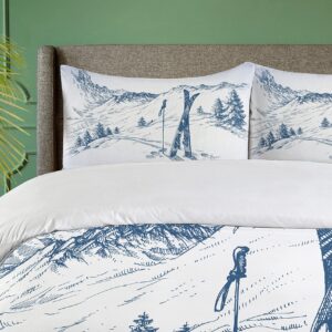 Ambesonne Winter Duvet Cover Set, Sketchy Graphic of a Downhill Ski Elements in Snow Relax Calm View, Decorative 3 Piece Bedding Set with 2 Pillow Shams, California King, Blue White