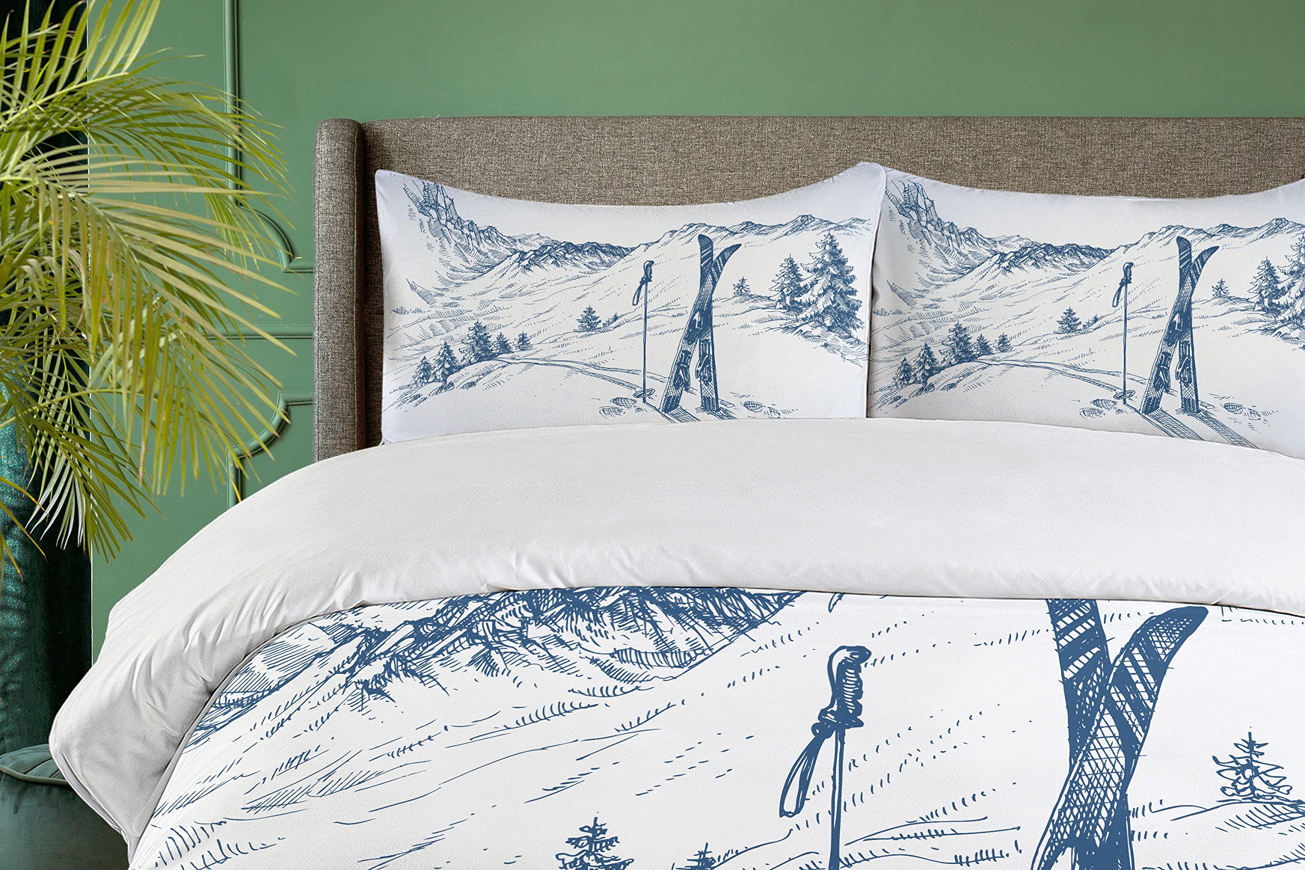 Ambesonne Winter Duvet Cover Set, Sketchy Graphic of a Downhill Ski Elements in Snow Relax Calm View, Decorative 3 Piece Bedding Set with 2 Pillow Shams, California King, Blue White