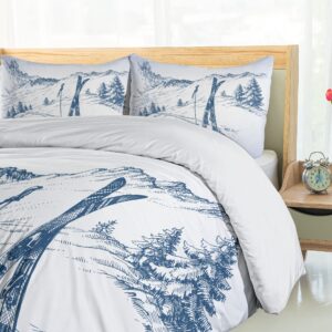 Ambesonne Winter Duvet Cover Set, Sketchy Graphic of a Downhill Ski Elements in Snow Relax Calm View, Decorative 3 Piece Bedding Set with 2 Pillow Shams, California King, Blue White