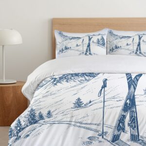 Ambesonne Winter Duvet Cover Set, Sketchy Graphic of a Downhill Ski Elements in Snow Relax Calm View, Decorative 3 Piece Bedding Set with 2 Pillow Shams, California King, Blue White