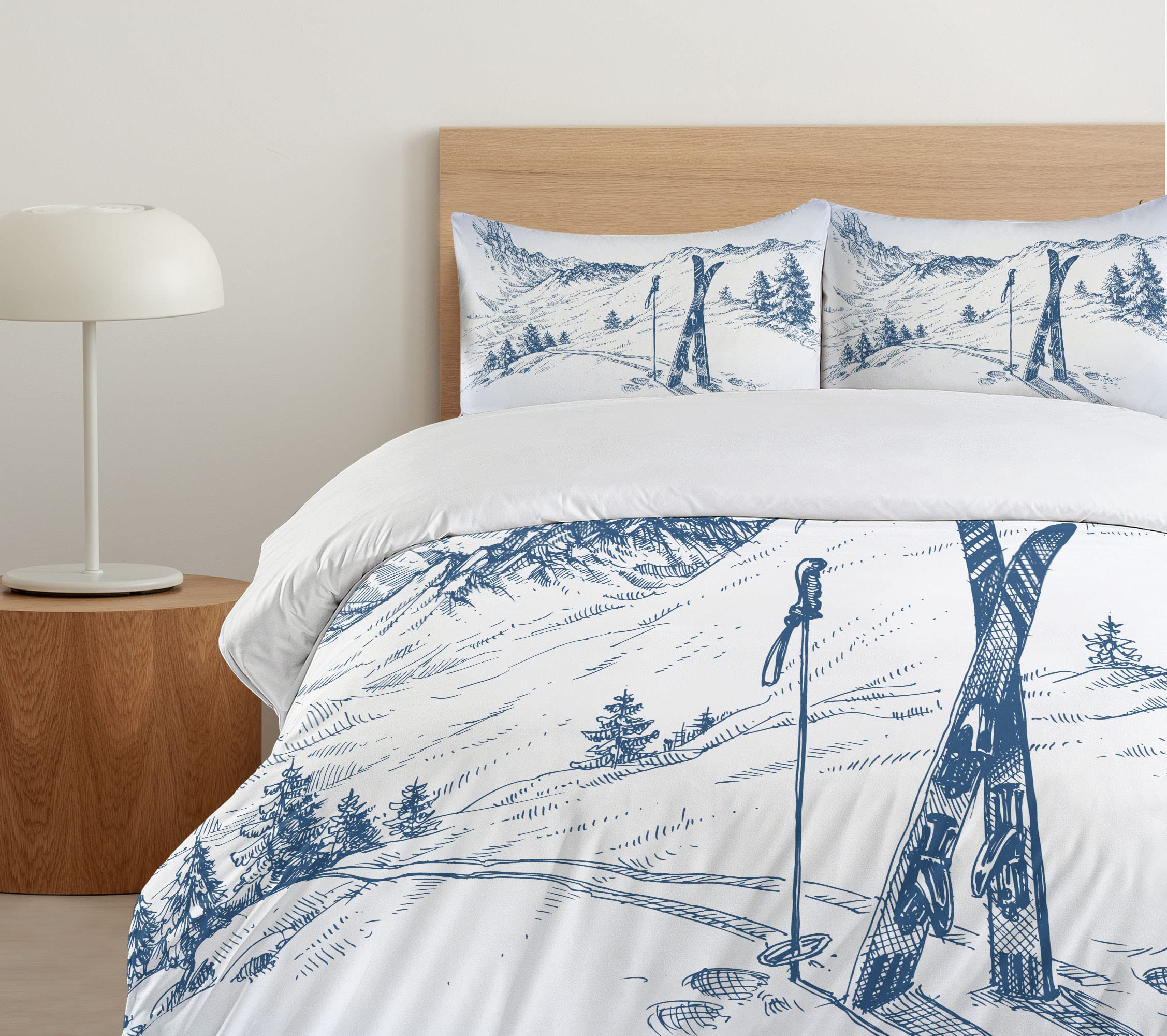 Ambesonne Winter Duvet Cover Set, Sketchy Graphic of a Downhill Ski Elements in Snow Relax Calm View, Decorative 3 Piece Bedding Set with 2 Pillow Shams, California King, Blue White