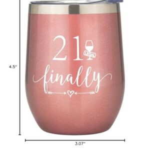 Crisky Rose Gold 21 & Finally Wine Tumbler for Girl 21st Birthday Gifts Funny Ideas for Girlfriend, Sister, Friends, Daughter, Her Wine Glass, Vacuum Insulated Coffee Cup 12oz, with Box, Lid and Straw