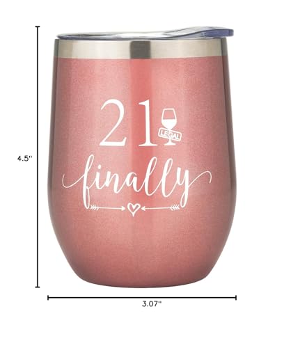 Crisky Rose Gold 21 & Finally Wine Tumbler for Girl 21st Birthday Gifts Funny Ideas for Girlfriend, Sister, Friends, Daughter, Her Wine Glass, Vacuum Insulated Coffee Cup 12oz, with Box, Lid and Straw