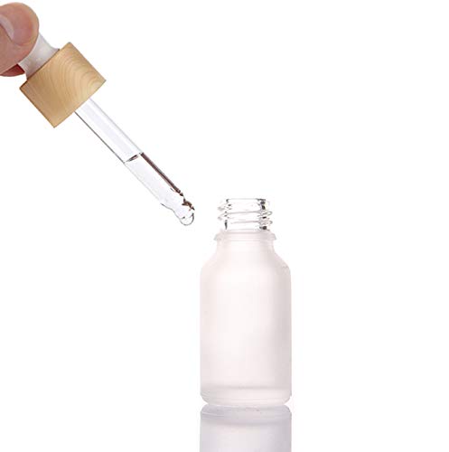 6 Pcs,15ml/0.5 Oz Frosted Glass Dropper Bottle for Essential Oils,Empty Glass Liquid Bottles Holder With Glass Eye Dropper,Wood Grain Lid Travel Perfume Cosmetic Container-Pipette&Funnel Included