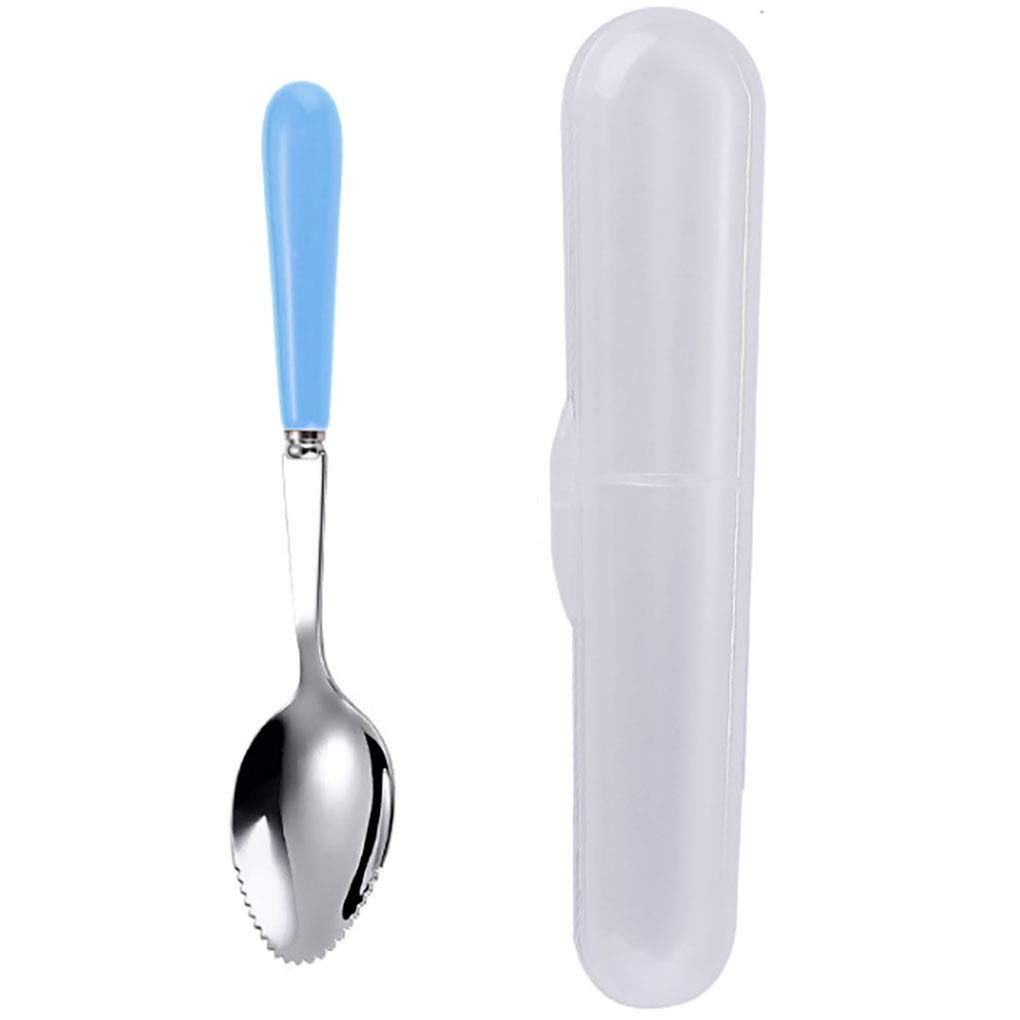 Goeielewe Grapefruit Spoons with Round Serrated Edges for Citrus Kiwi Fruit and Dessert, Ceramic Handle Stainless Steel Dessert Spoons with Storage Box (Blue)