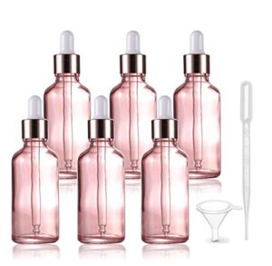 6 pcs,1.7 oz pink glass dropper bottle for essential oils,empty glass eye dropper bottle holder with glass reagent pipette,rose-golden caps perfume travel vial container-free pipette,funnel included