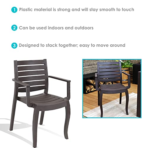 Sunnydaze Illias Plastic Outdoor Patio Arm Chair - Set of 4 - Stackable Seating - Brown