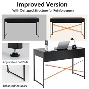 Tangkula Computer Desk with 2 Drawers, Simple Wooden Study Writing Desk with Steel Frame, 44 Inches Laptop PC Workstation, Student Desk Home Office Desk Ideal for Bedroom & Office (Black)