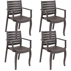 sunnydaze illias plastic outdoor patio arm chair - set of 4 - stackable seating - brown