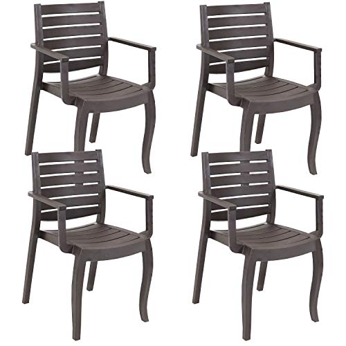 Sunnydaze Illias Plastic Outdoor Patio Arm Chair - Set of 4 - Stackable Seating - Brown