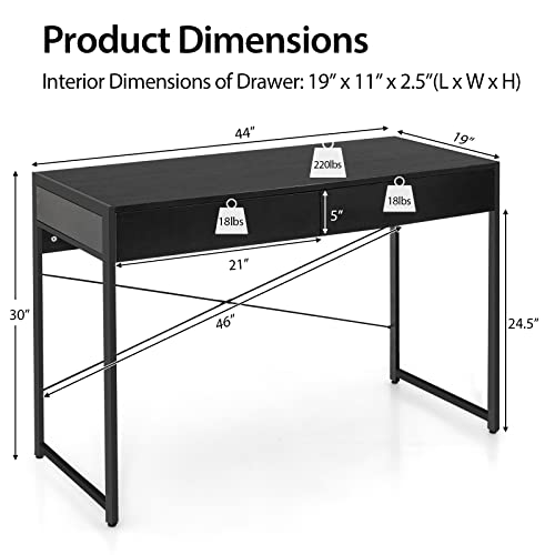 Tangkula Computer Desk with 2 Drawers, Simple Wooden Study Writing Desk with Steel Frame, 44 Inches Laptop PC Workstation, Student Desk Home Office Desk Ideal for Bedroom & Office (Black)