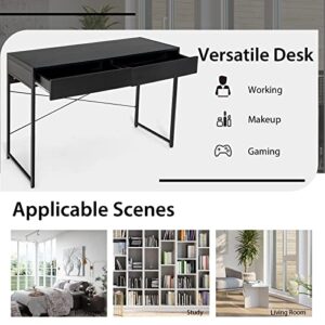 Tangkula Computer Desk with 2 Drawers, Simple Wooden Study Writing Desk with Steel Frame, 44 Inches Laptop PC Workstation, Student Desk Home Office Desk Ideal for Bedroom & Office (Black)