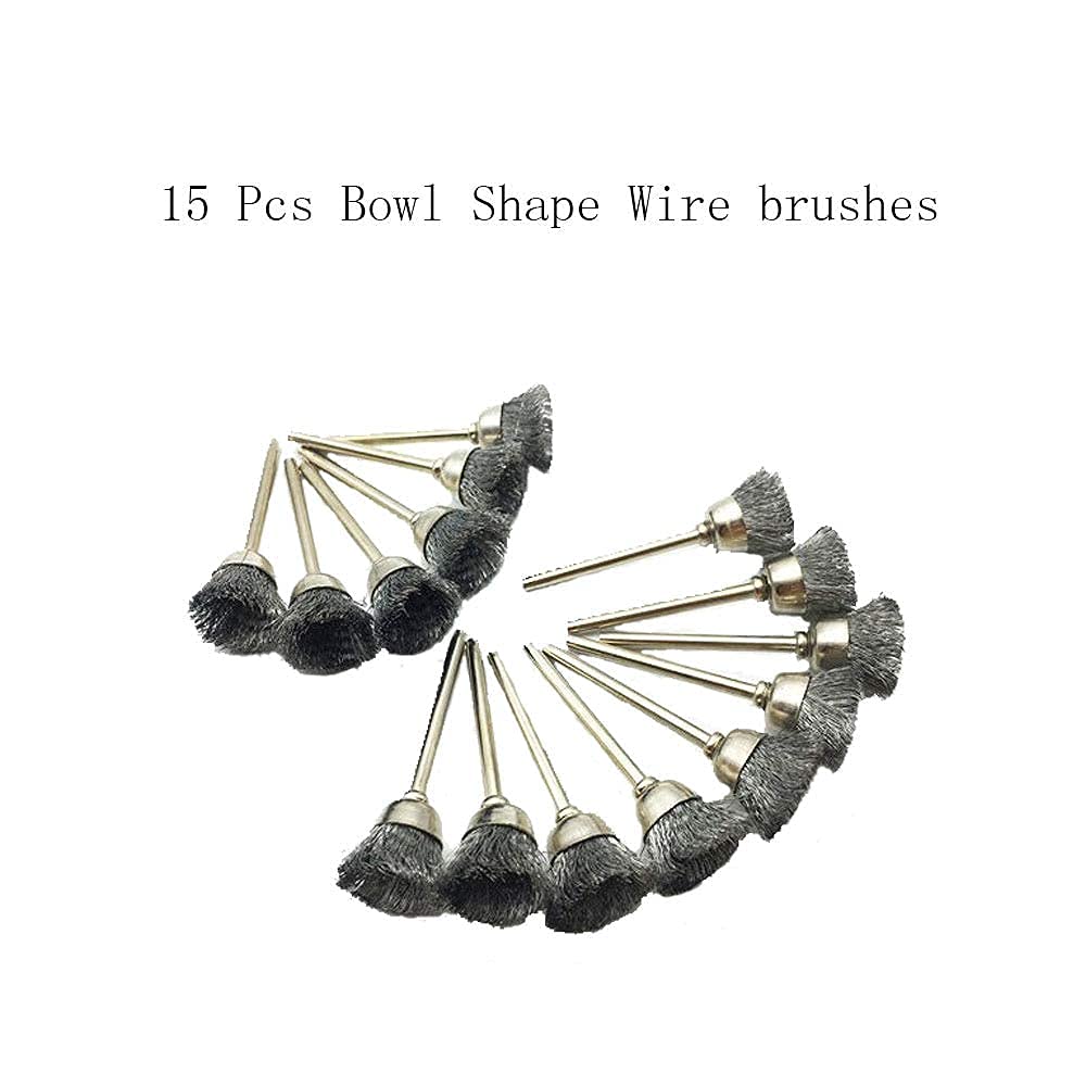 15 Pcs Luo ke Coarse Crimped Stainless Steel Wire Brush Set for Dremel Rotary Tool with 1/8" Mandrel (Bowl-Shape Brush)