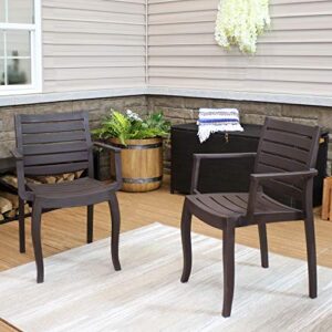 Sunnydaze Illias Plastic Outdoor Patio Arm Chair - Set of 4 - Stackable Seating - Brown