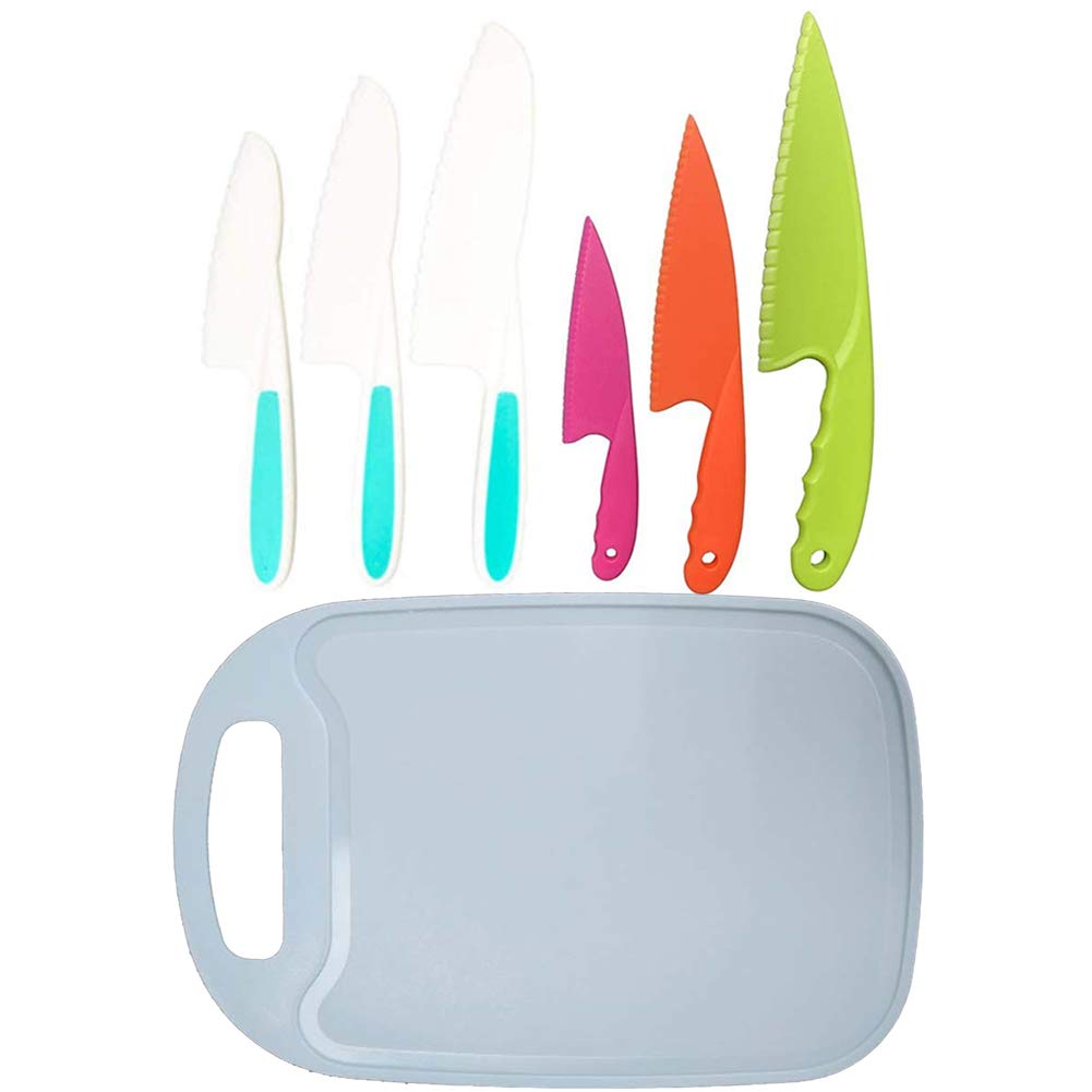 11PCS Kids Plastic Knife Set,Kids Safe Knife Set with 2 Pair Cut Resistant Gloves (Ages 6-12) & Cutting Board,Kids Cooking Tool BPA-Free ,Salad (Blue)