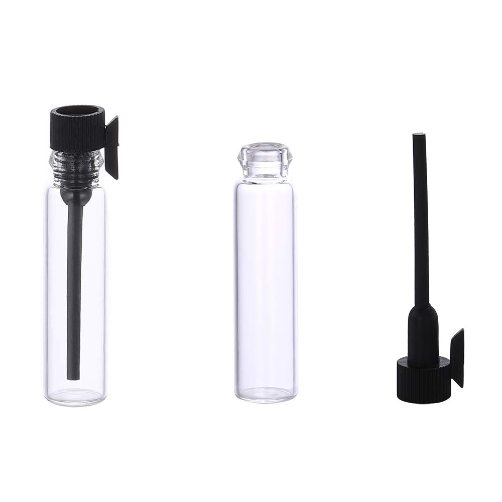 120Pcs 1Ml Mini Cute Empty Glass Perfume Essential Oils Sample Vials Bottles with Black Plastic Rod Caps Glass Vials Sample Dropper Bottle for Essential Oils Aromatherapy (120Pcs 1Ml Black Plastic Rod